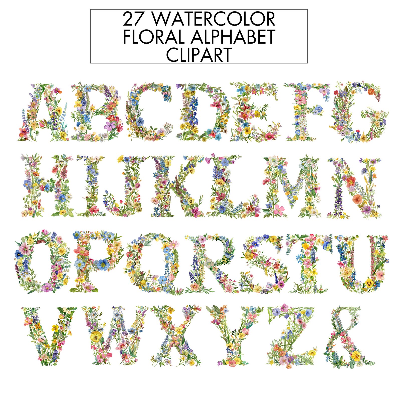 Watercolor Floral Alphabet Clipart: Wildflower PNG Letters (instant ...