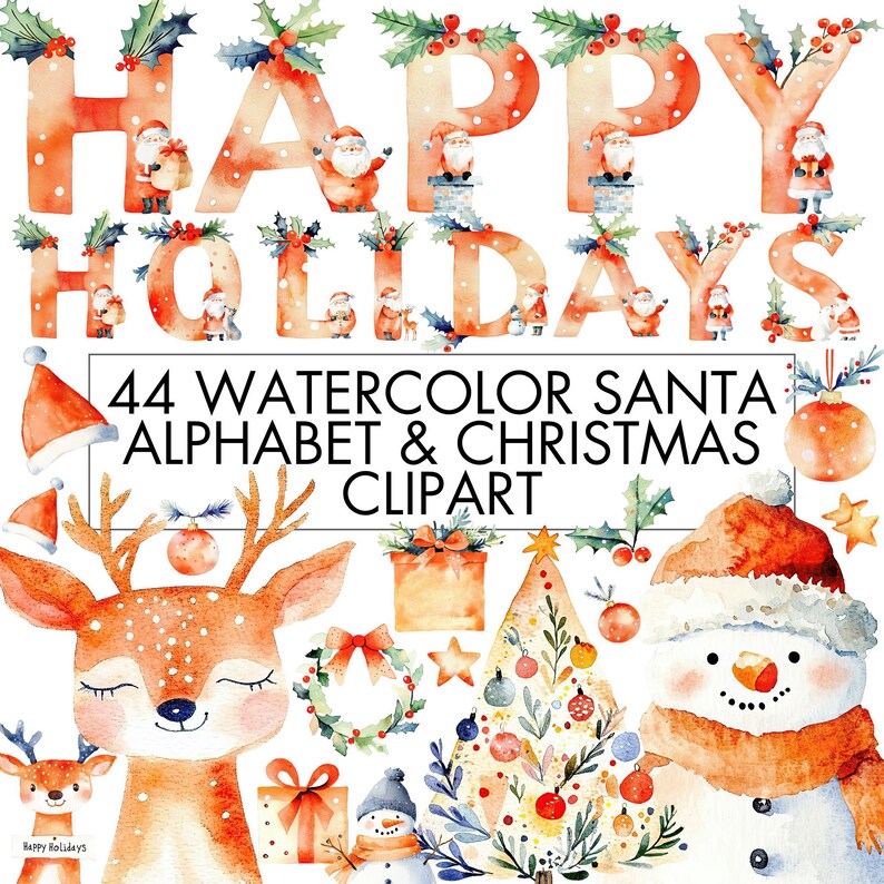 Watercolor Santa Alphabet Clipart: Christmas PNG Bundle (commercial Use ...