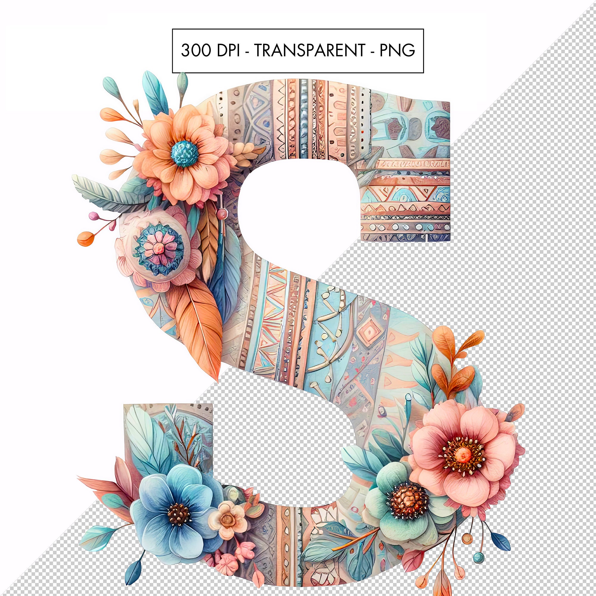 Boho Letters and Numbers Clipart PNG Bundle, A-Z Letters, 0-9 Numbers ...