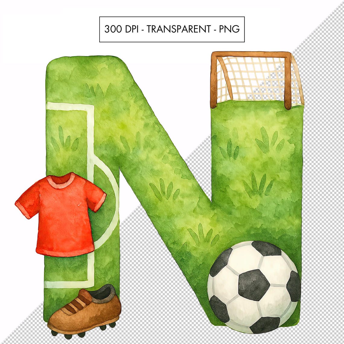 Watercolor Soccer Alphabet Clipart: PNG Letters & Numbers (digital ...