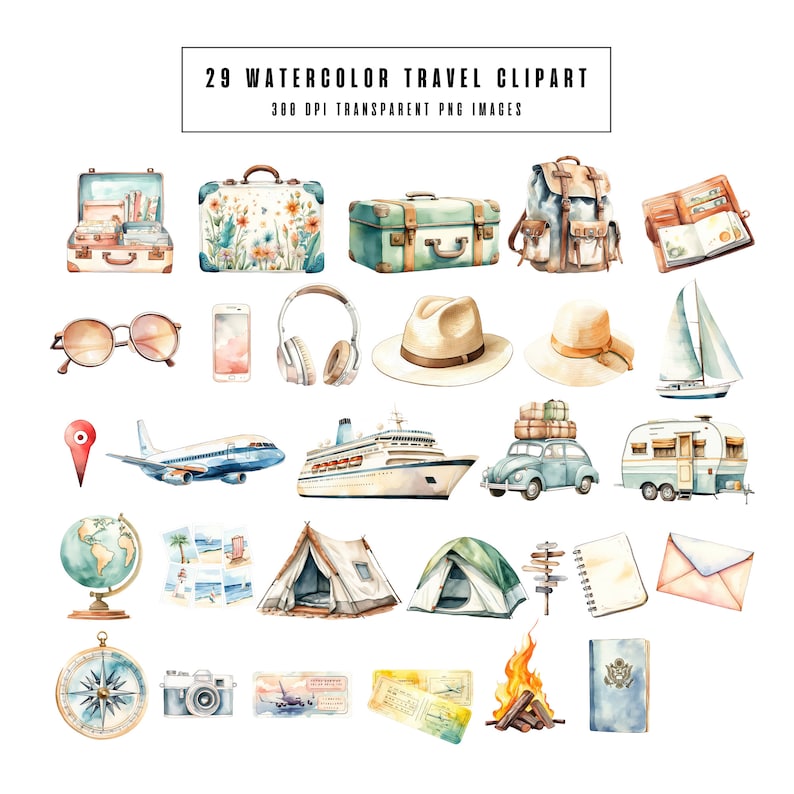 29 Watercolor Travel Clipart, Vintage Travel, Vacation Clipart, Holiday ...