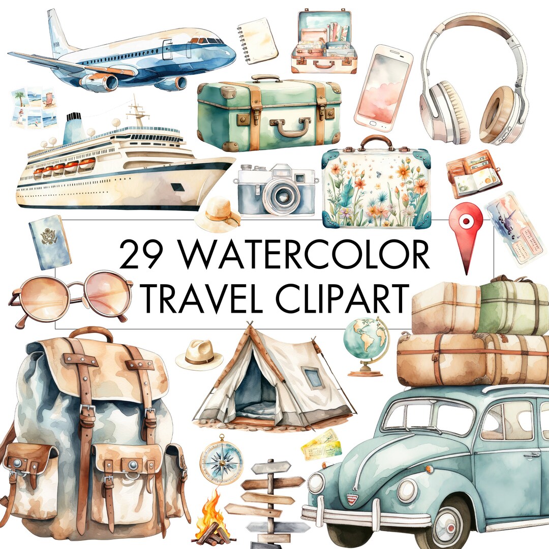 29 Watercolor Travel Clipart, Vintage Travel, Vacation Clipart, Holiday ...