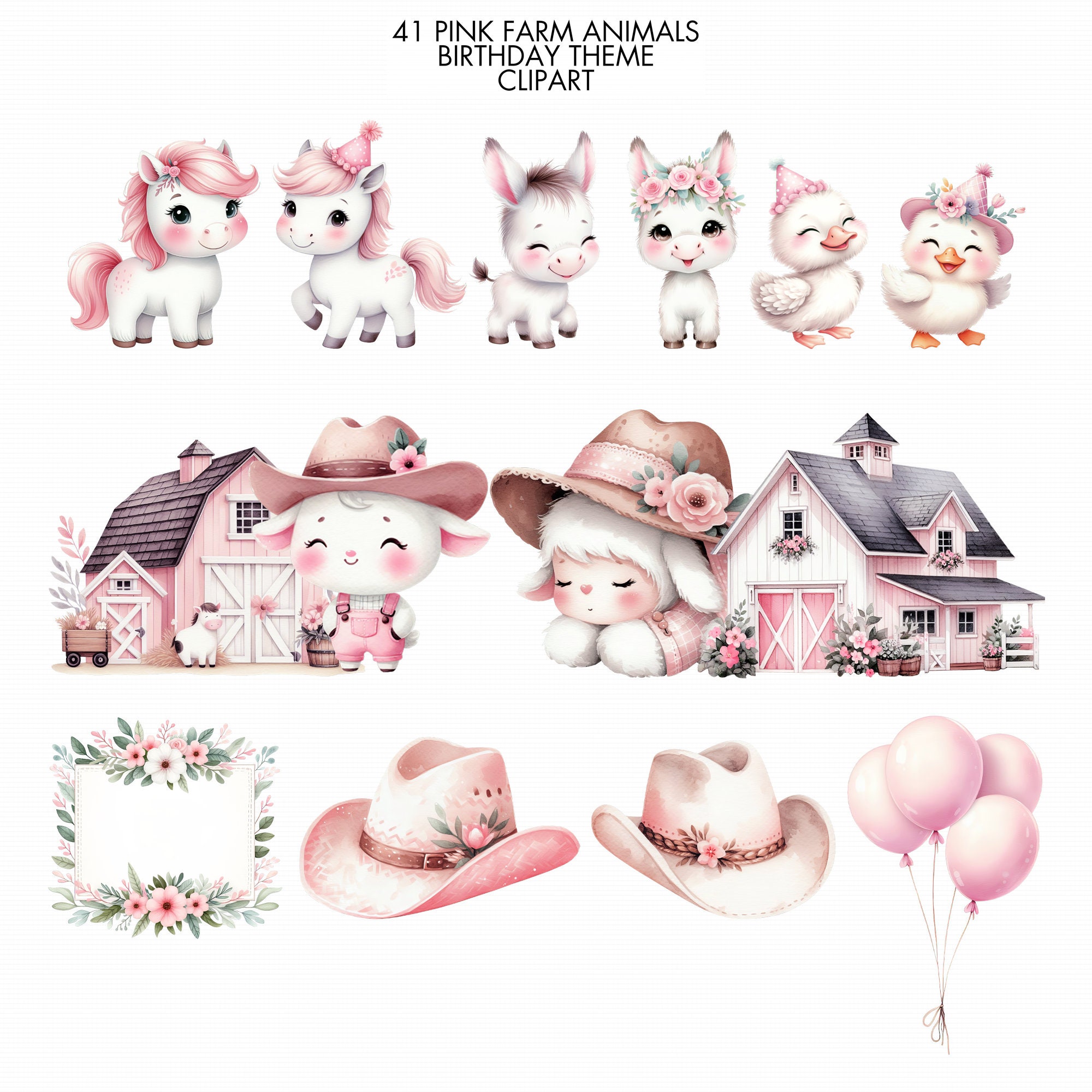 Pink Farm Animals Clipart Set: Birthday Party PNG Graphics (digital ...