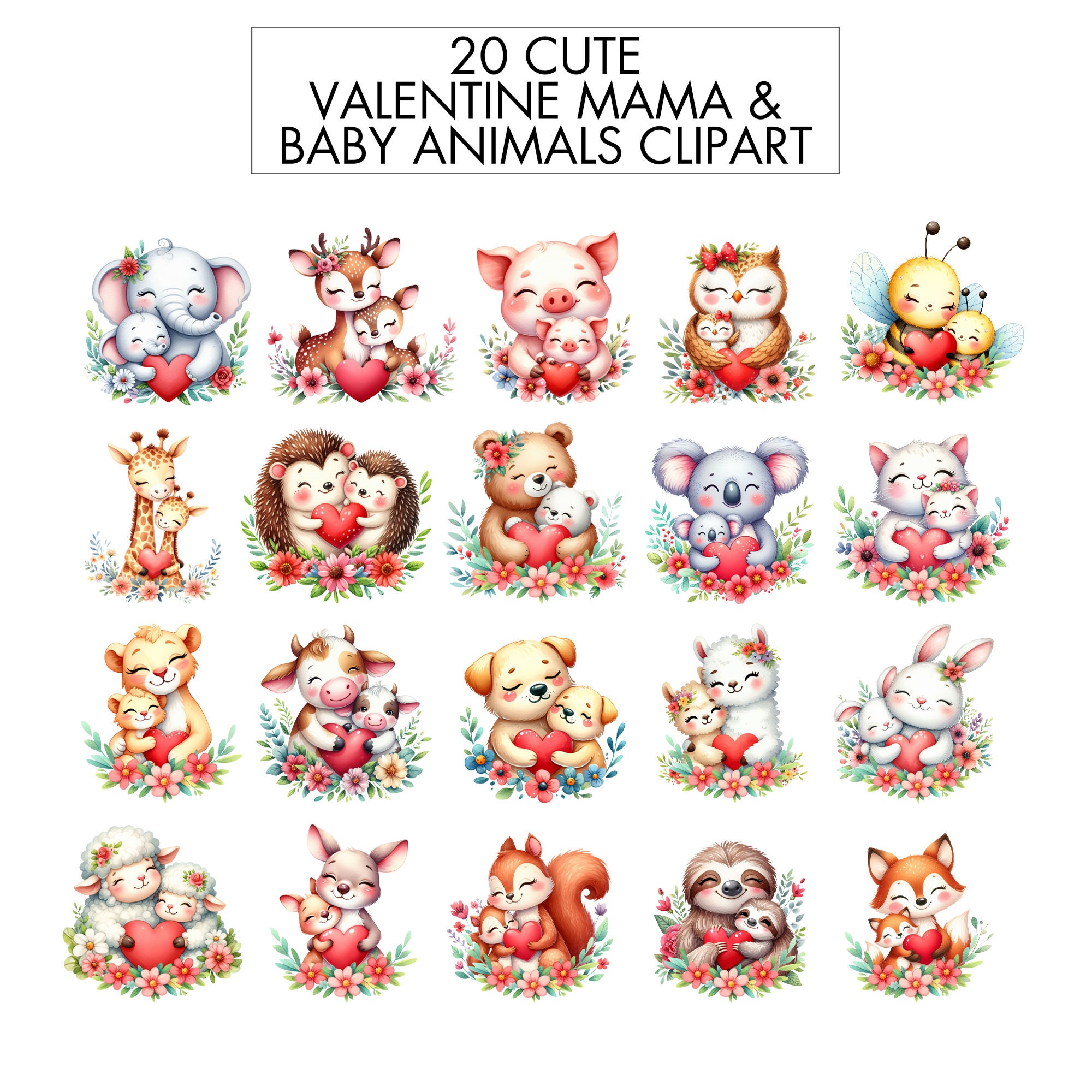 Watercolor Mama and Baby Animal Clipart: Mother's Day PNG (digital ...