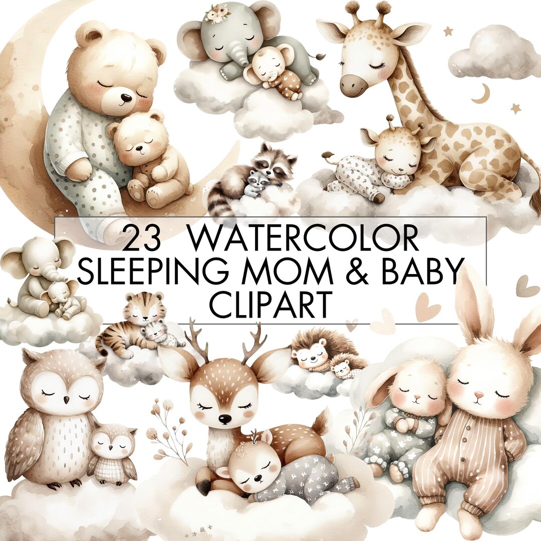 Watercolor Mom and Baby Animals Clipart: Nursery Decor, Mother's Day ...