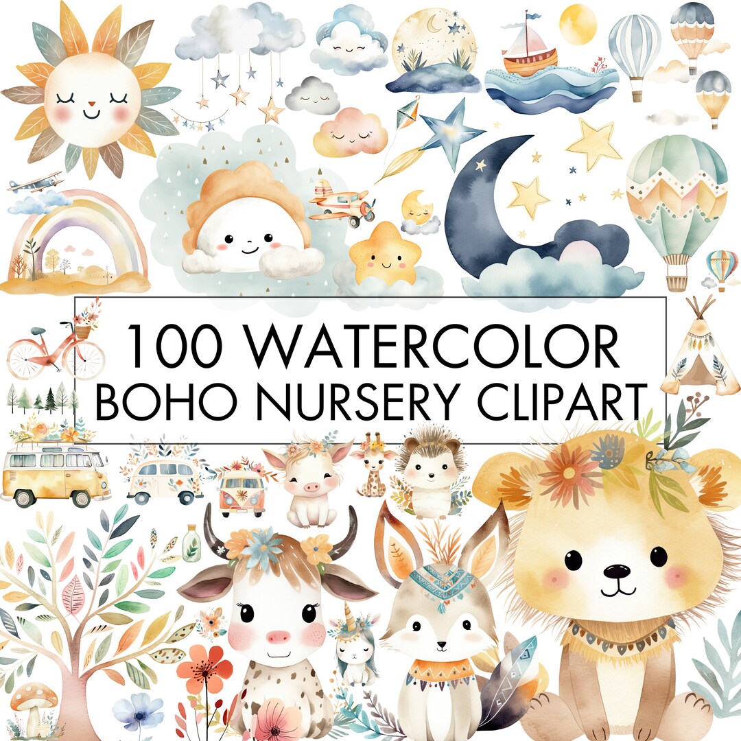 Watercolor Boho Nursery Clipart, Cute Nursery Animal Clip Art, Neutral ...