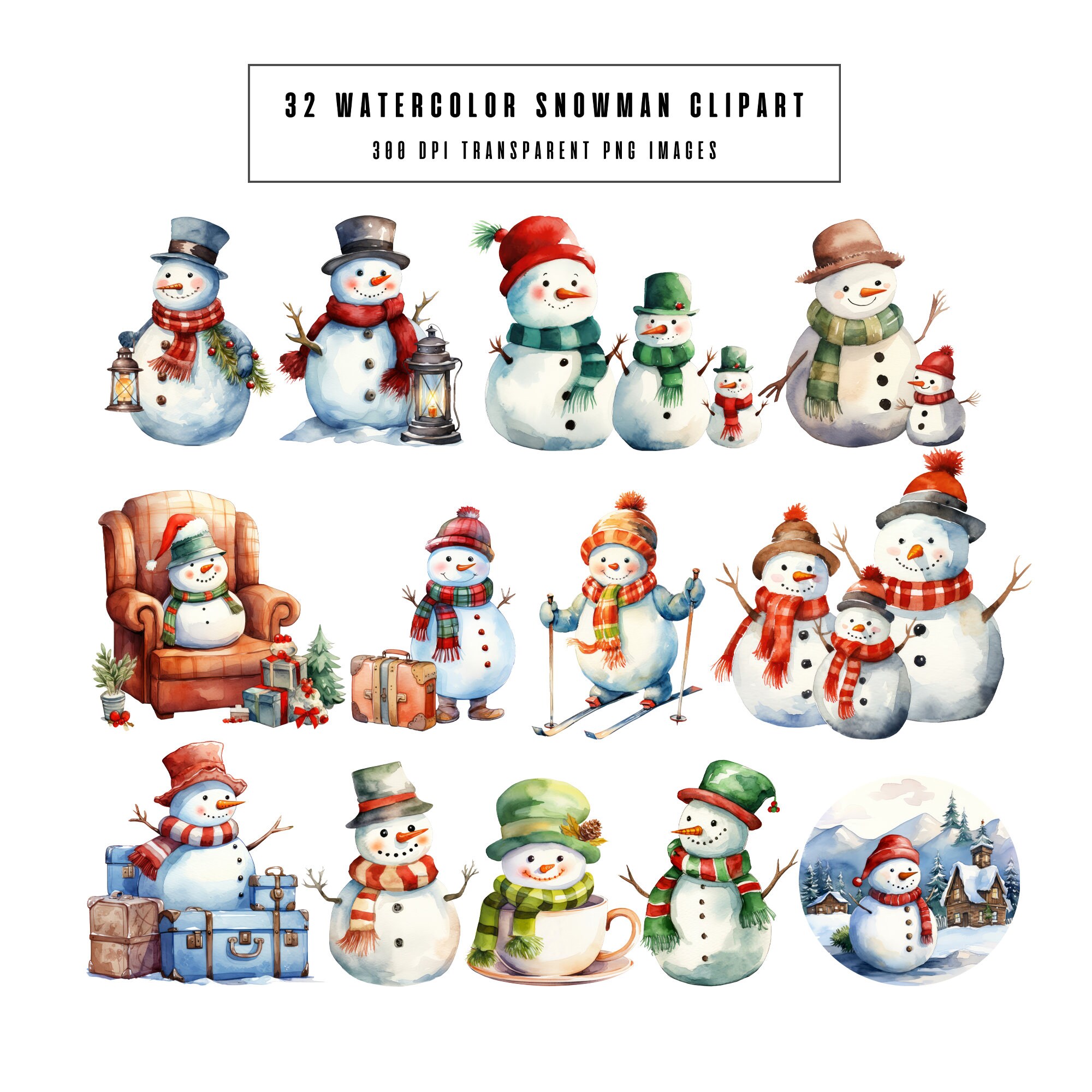 Watercolor Snowman Clipart Bundle, Christmas Holiday Clipart ...