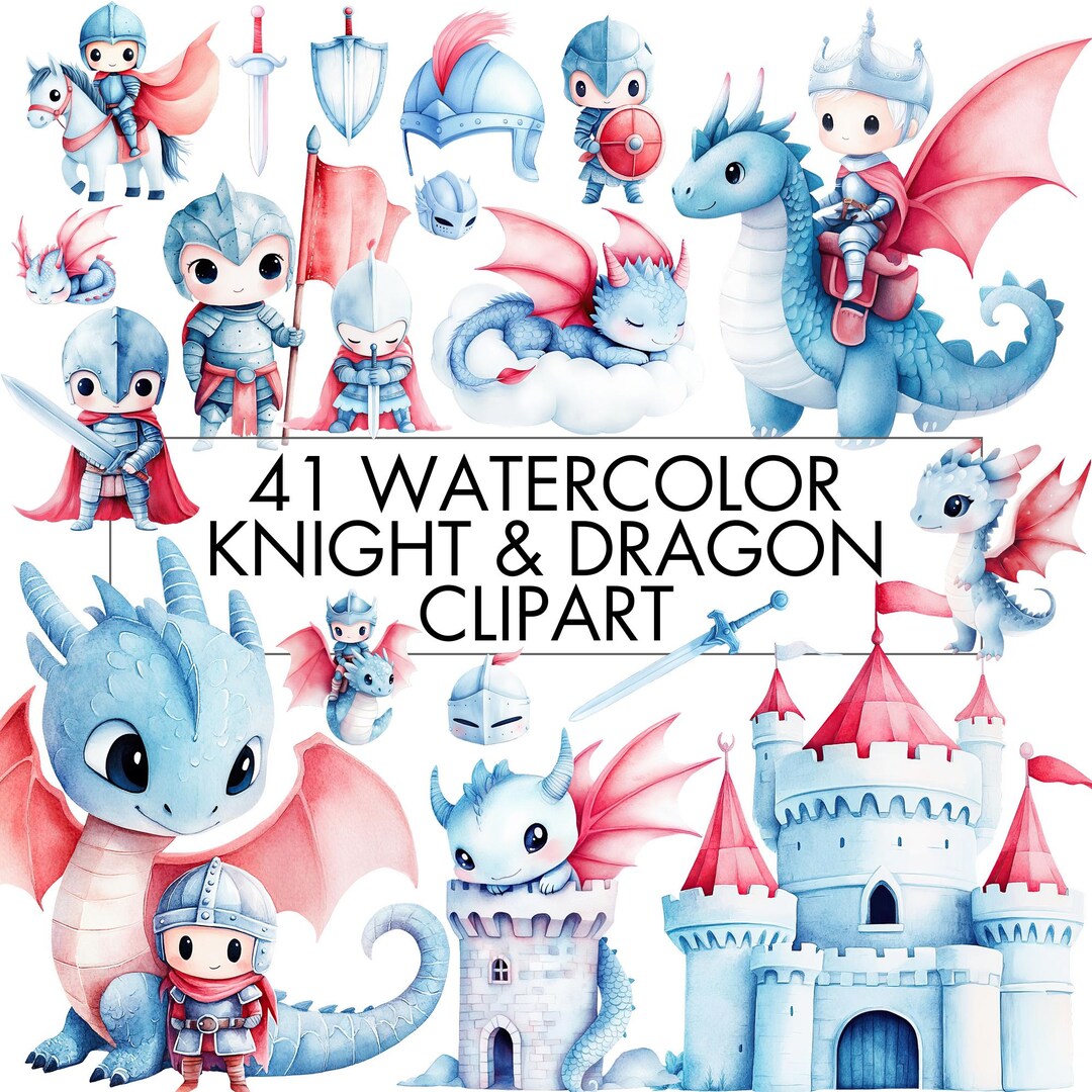 Watercolor Knight and Dragon Clipart: Baby Shower Decor (digital ...
