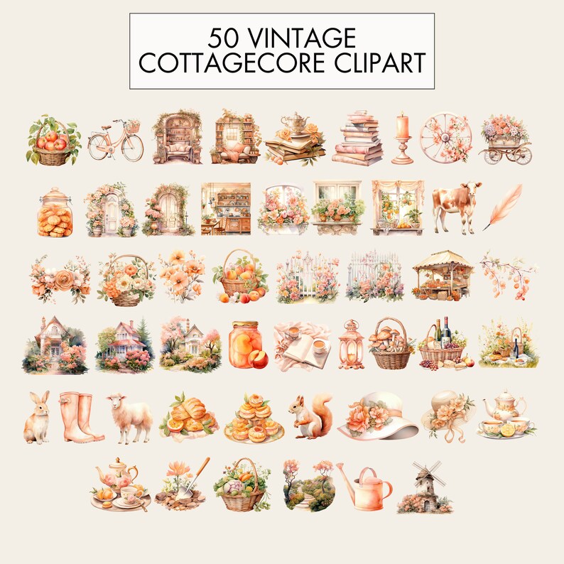 Watercolor Vintage Cottagecore Clipart Bundle: 50 PNG Files (commercial ...