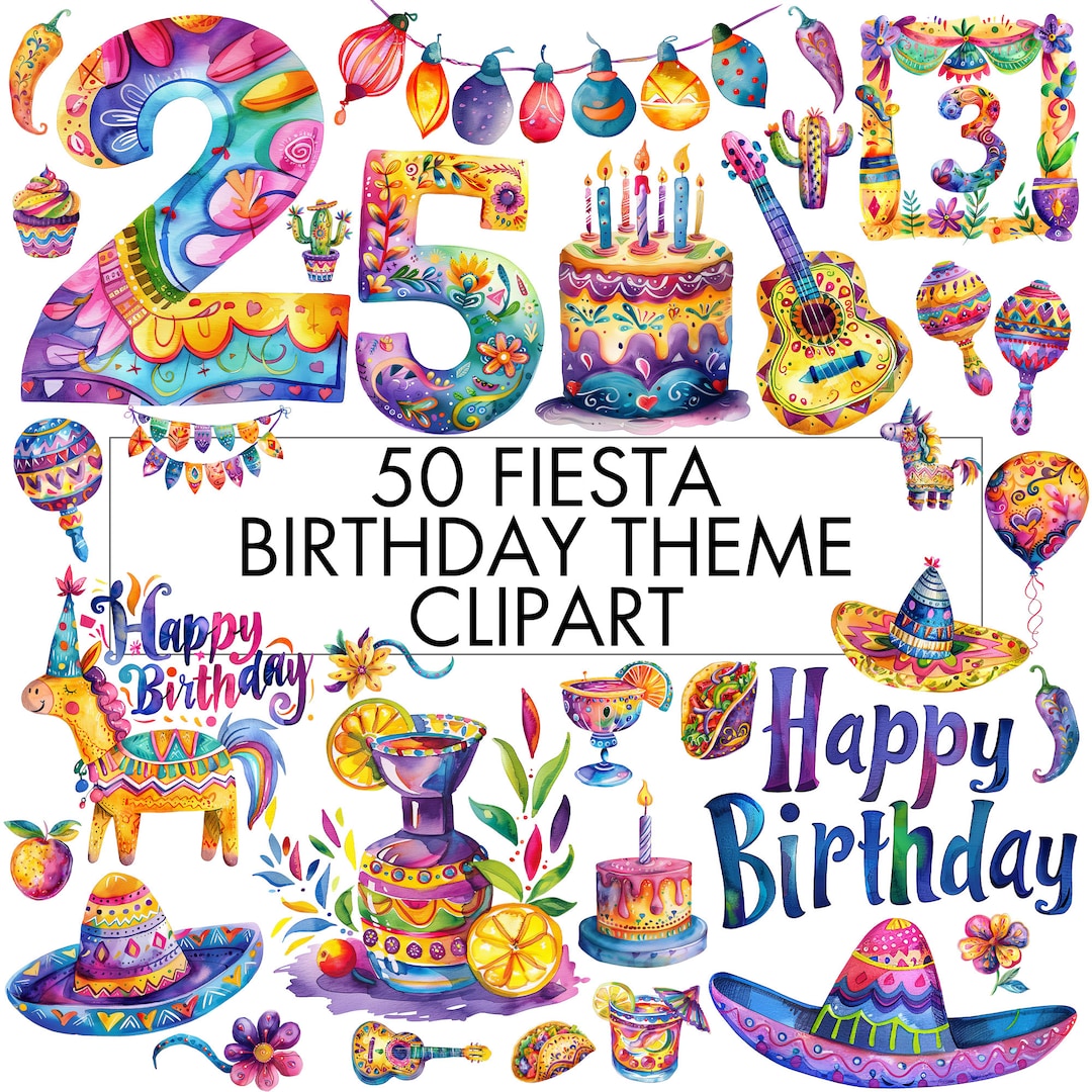 Watercolor Fiesta Birthday Clipart Bundle: 50 PNG Designs (digital ...
