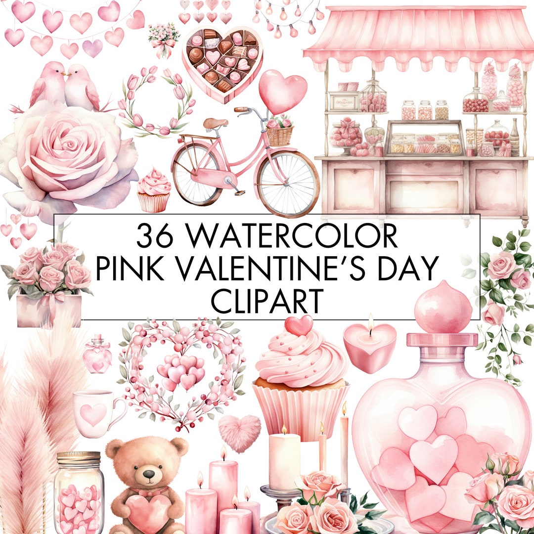 Watercolor Pink Valentines Day Clipart, 36 Watercolor Pink Valentine ...