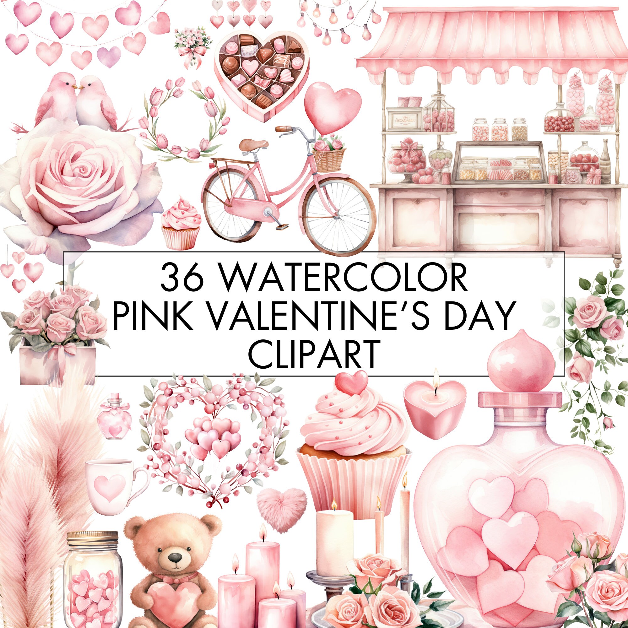 Watercolor Pink Valentines Day Clipart, 36 Watercolor Pink Valentine ...