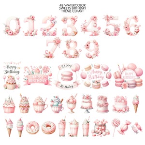 Pink Sweets Birthday Clipart PNG Bundle and 0-9 Sweet Numbers, Candy ...
