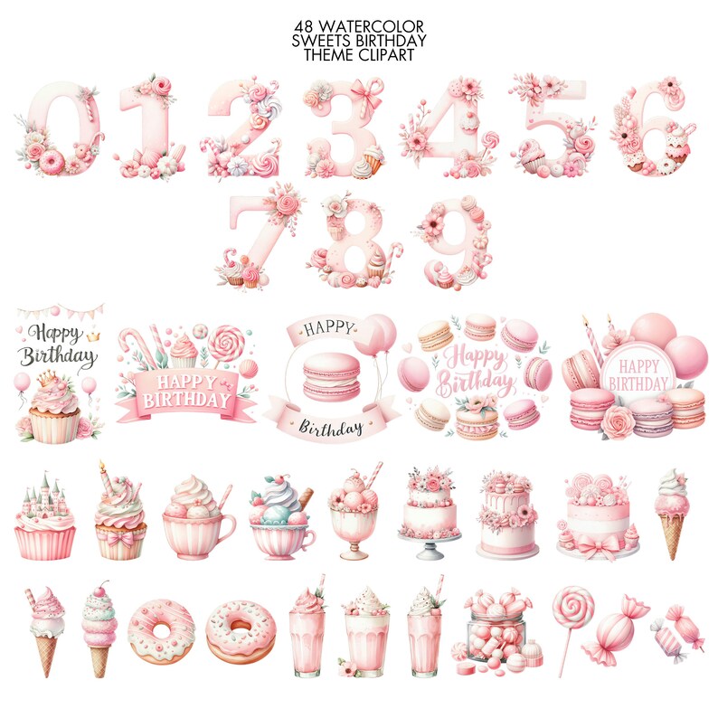 Pink Sweets Birthday Clipart PNG Bundle and 0-9 Sweet Numbers, Candy ...