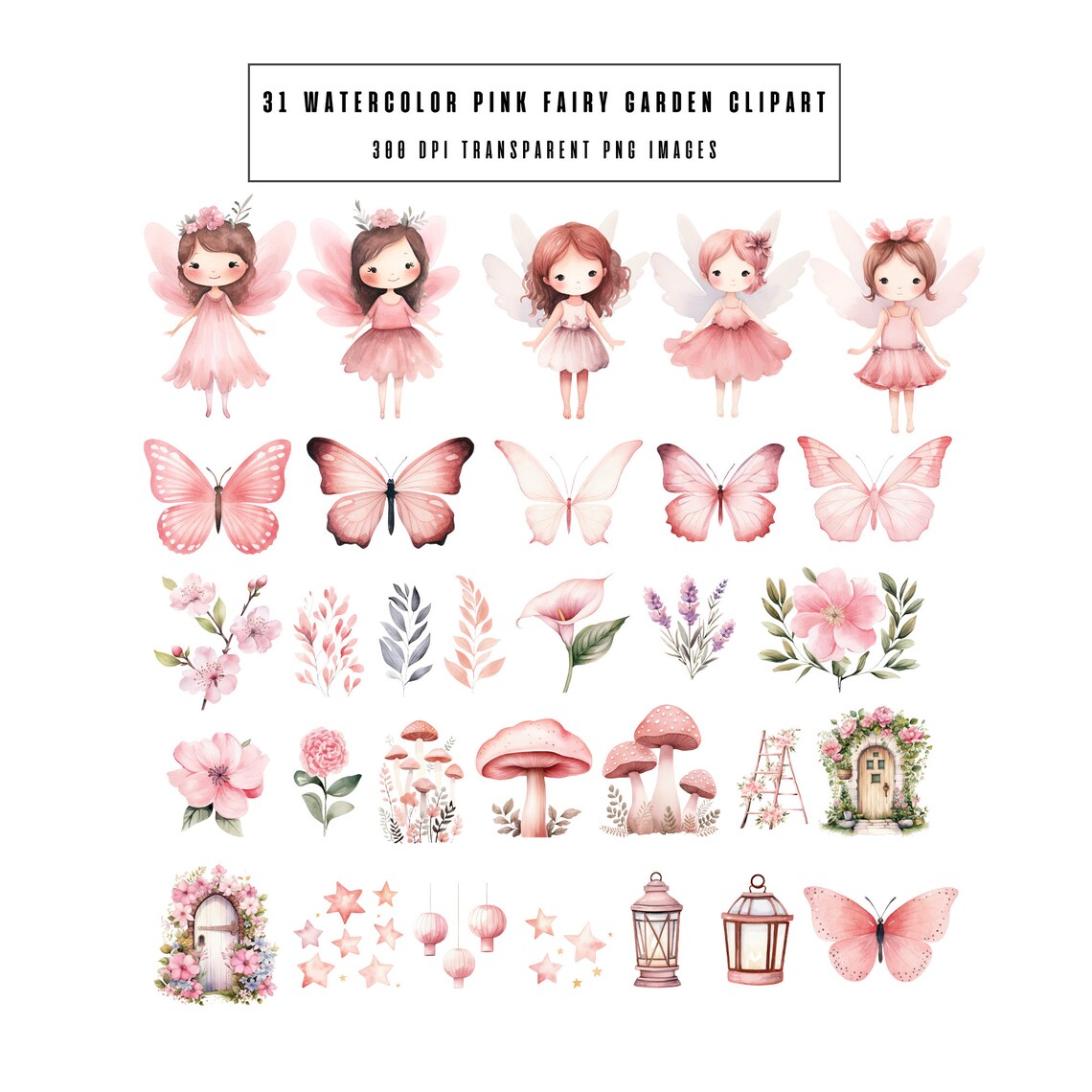 Watercolor Pink Fairy Garden Clipart Bundle, Pink Butterfly, Pink ...