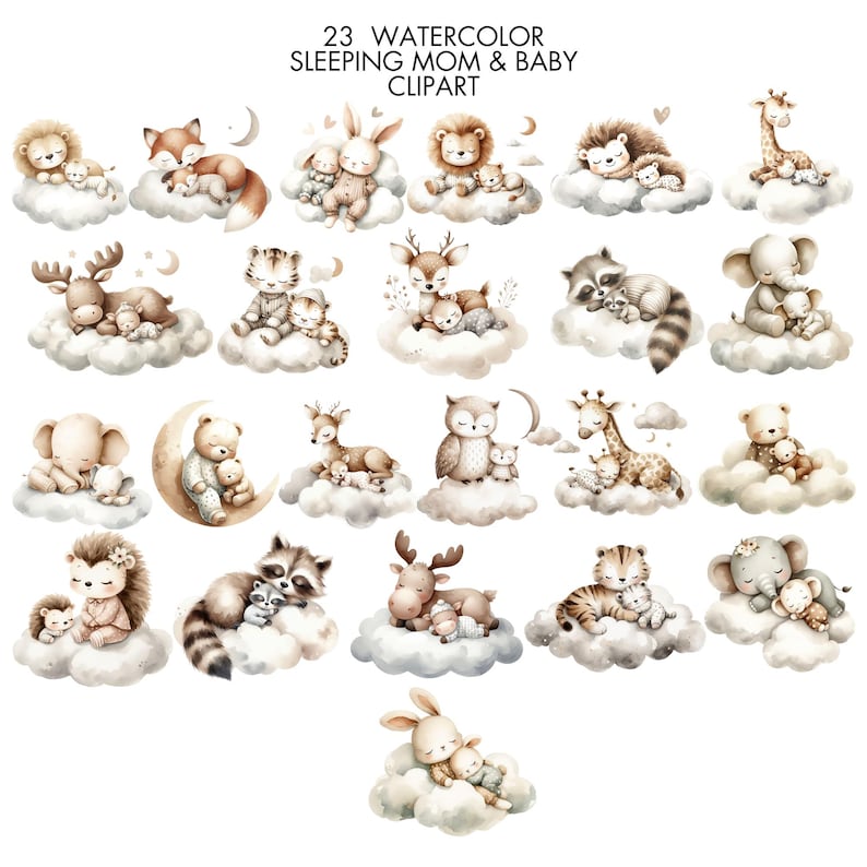 Watercolor Mom and Baby Animals Clipart: Nursery Decor, Mother's Day ...