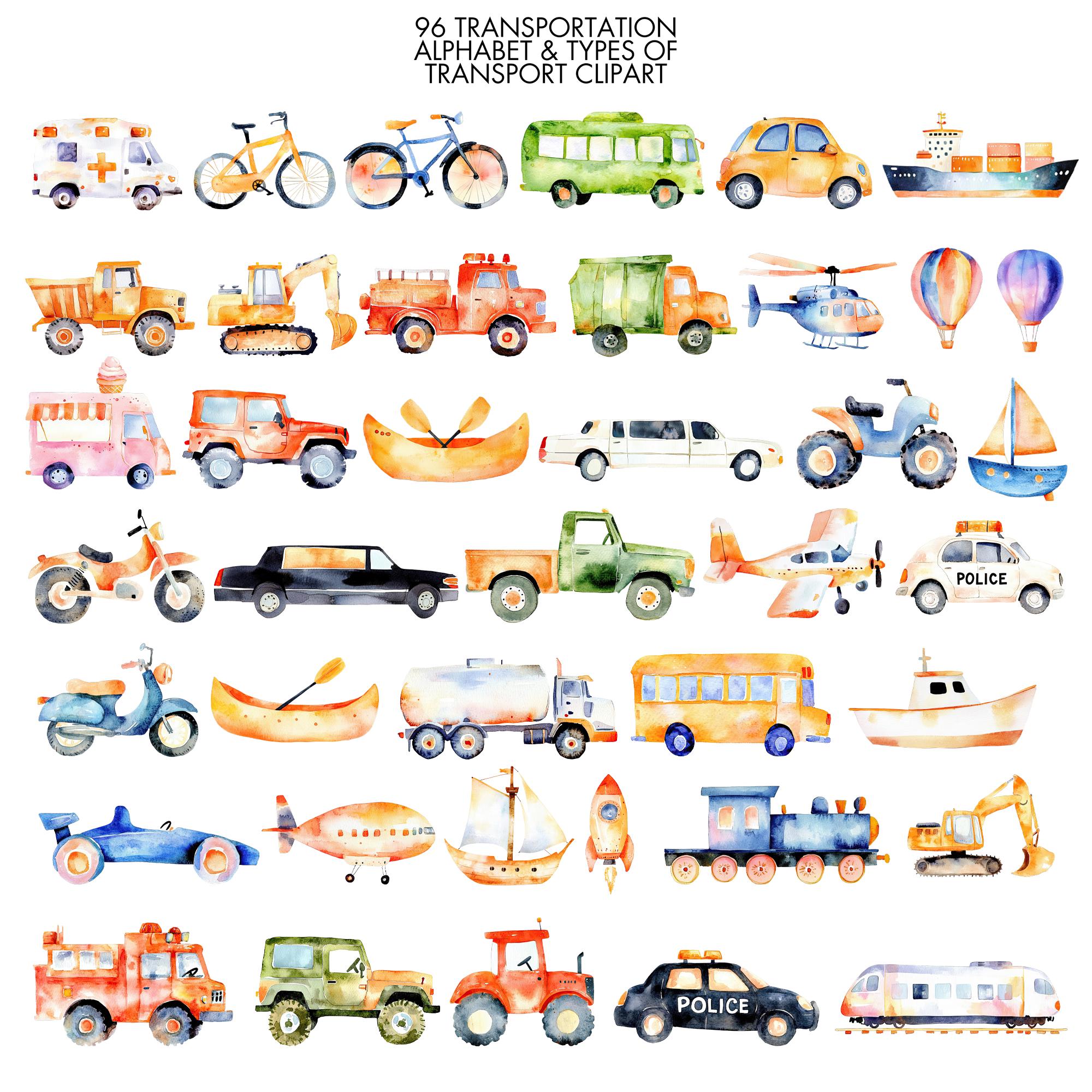 Watercolor Transportation Clipart Bundle: Alphabet & Vehicle PNG ...