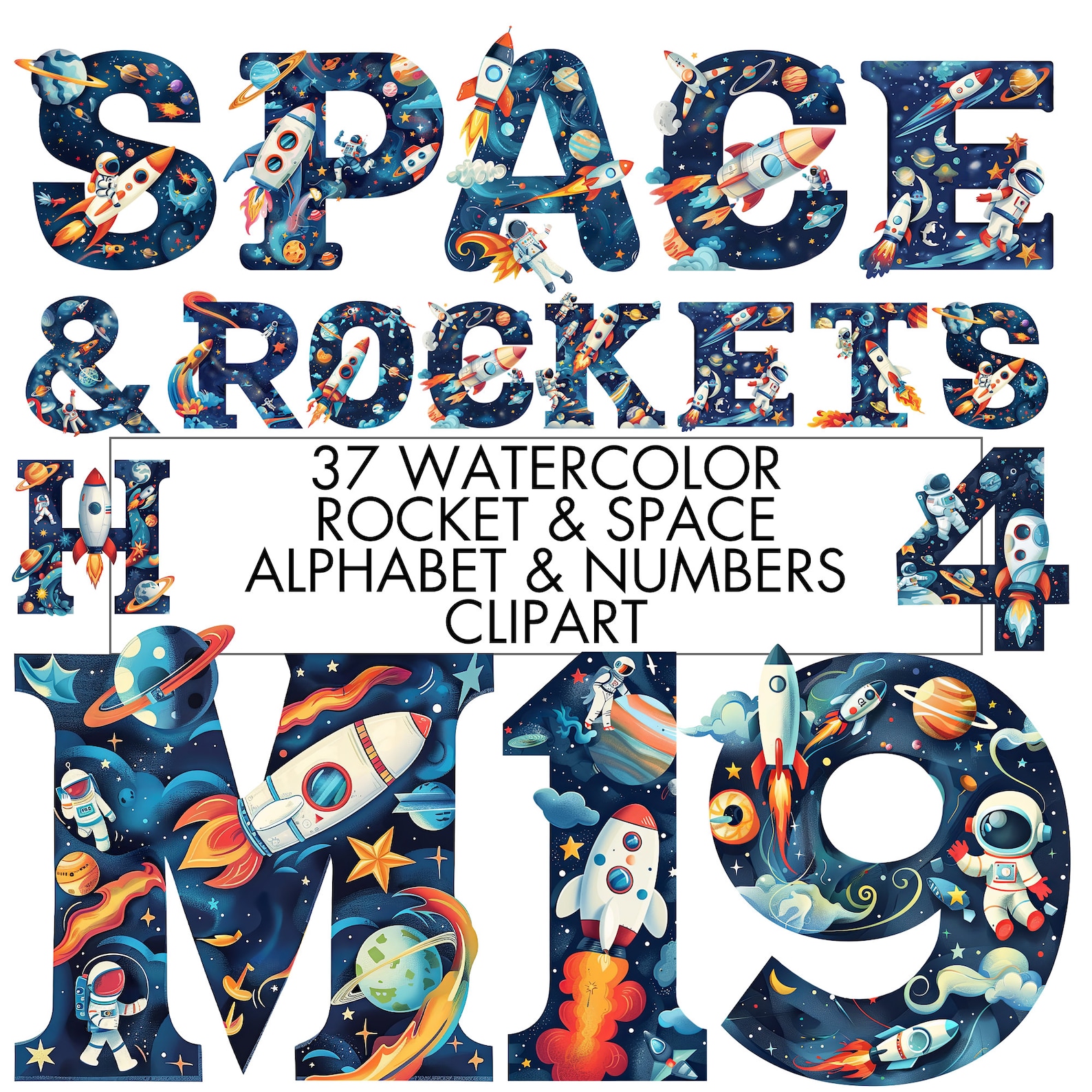 Watercolor Space Alphabet Clipart: Rocket & Astronaut Letters (digital ...