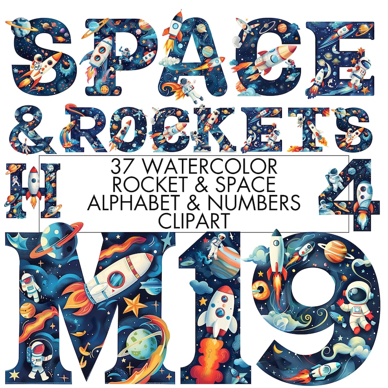 Watercolor Space Alphabet Clipart: Rocket & Astronaut Letters (digital ...