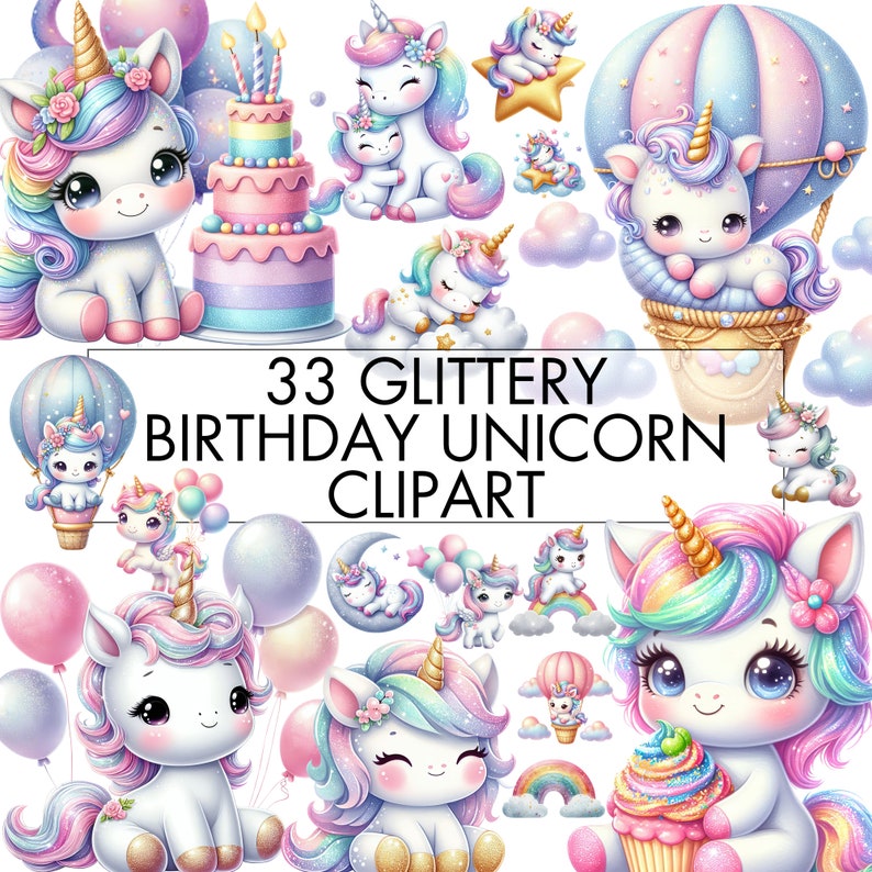 Glittery Birthday Unicorn Clipart Bundle, Birthday Unicorn PNG, Cute ...
