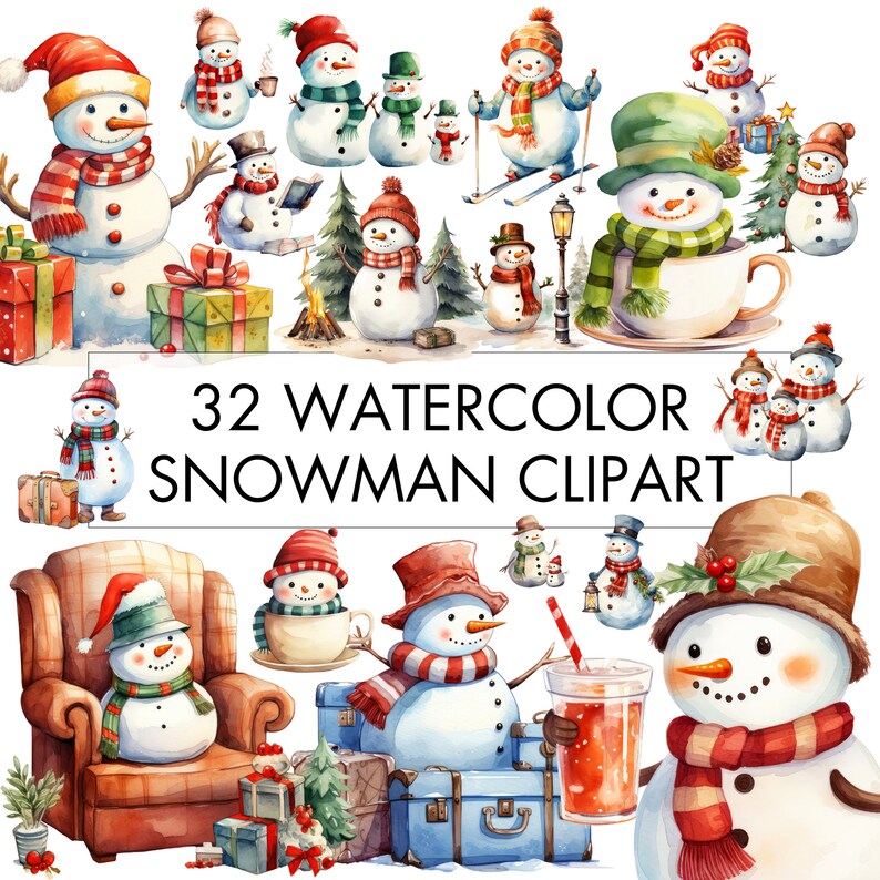 Watercolor Snowman Clipart Bundle, Christmas Holiday Clipart ...
