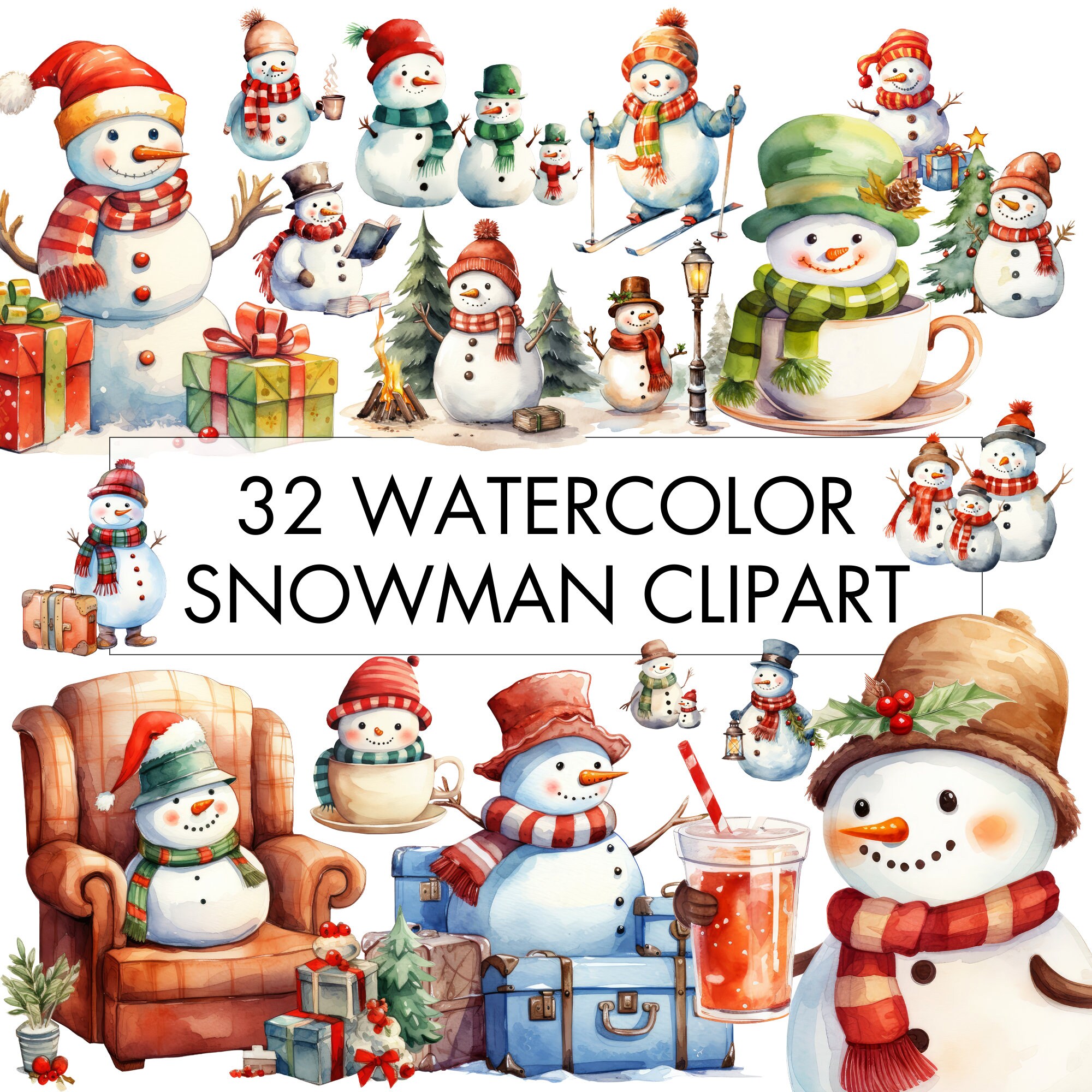 Watercolor Snowman Clipart Bundle, Christmas Holiday Clipart ...