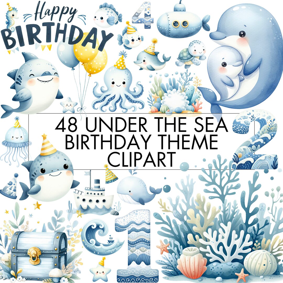 Under the Sea Birthday Clipart Bundle: Watercolor Ocean Animals ...