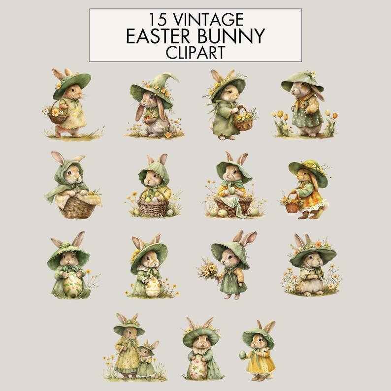 Easter Bunny Clipart Bundle, Vintage Easter Bunny With Bonnet Clipart ...