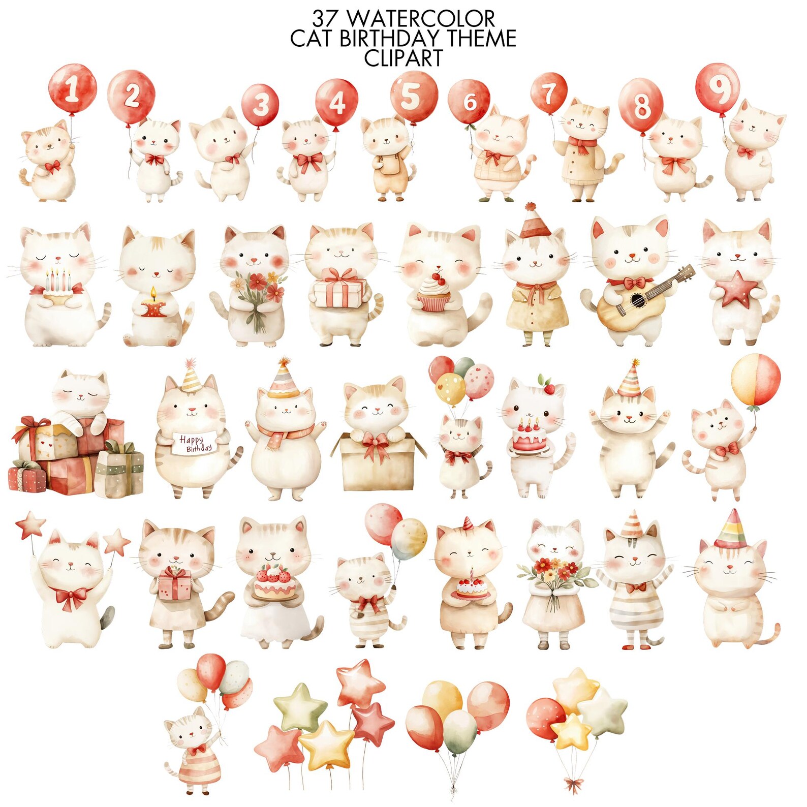 Watercolor Cat Birthday Clipart: PNG Bundle (digital Download) - Etsy