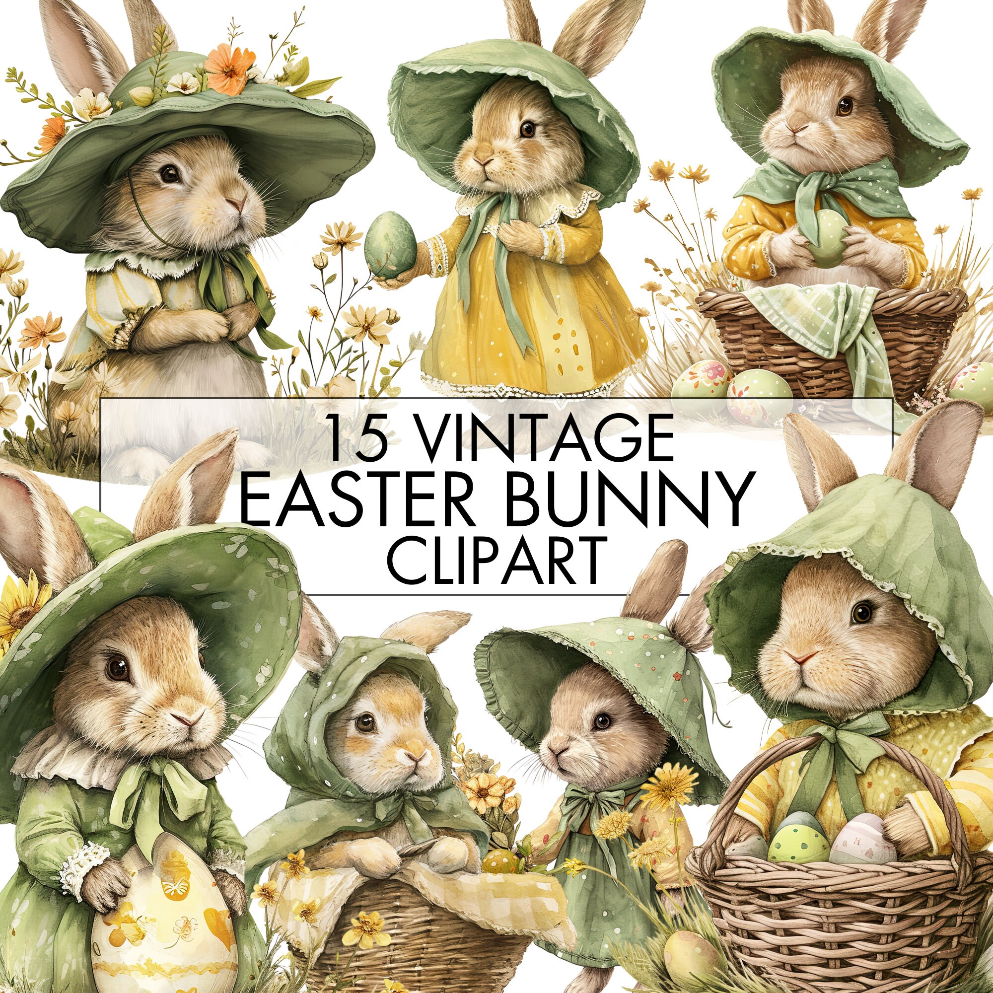 Easter Bunny Clipart Bundle, Vintage Easter Bunny With Bonnet Clipart ...