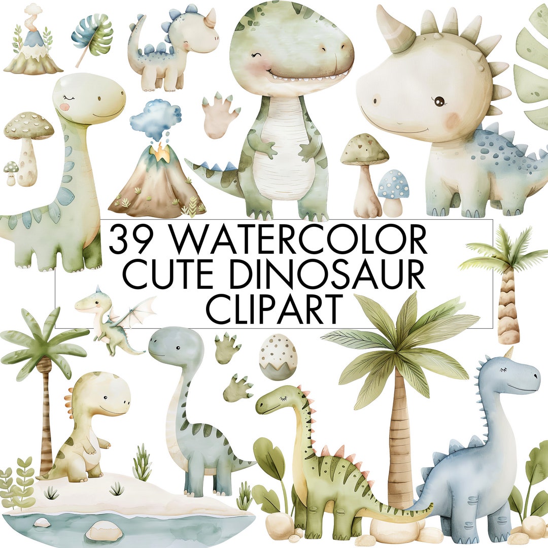 Watercolor Cute Dinosaur PNG Clipart Bundle, Neutral Color Watercolor ...