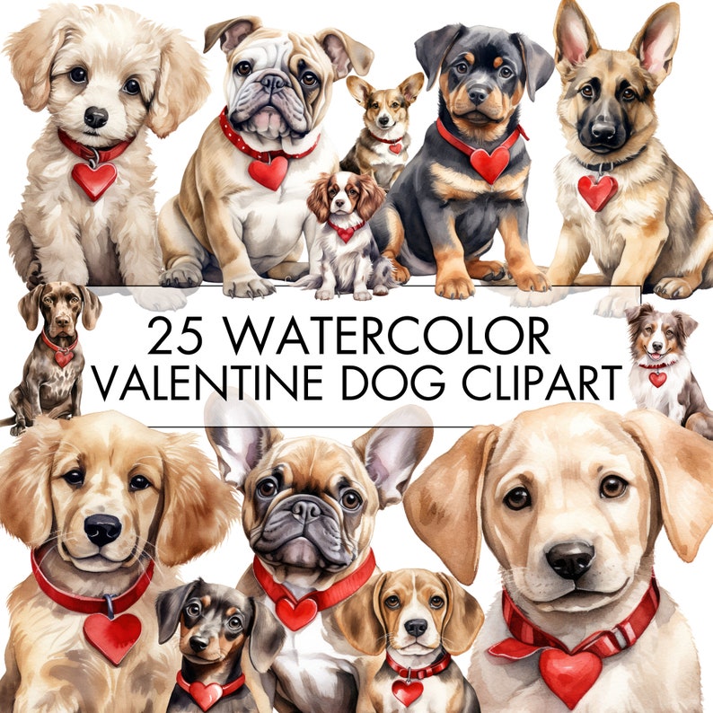 Watercolor Valentine Dog Clipart, Valentine's Day Dogs With Red Heart ...