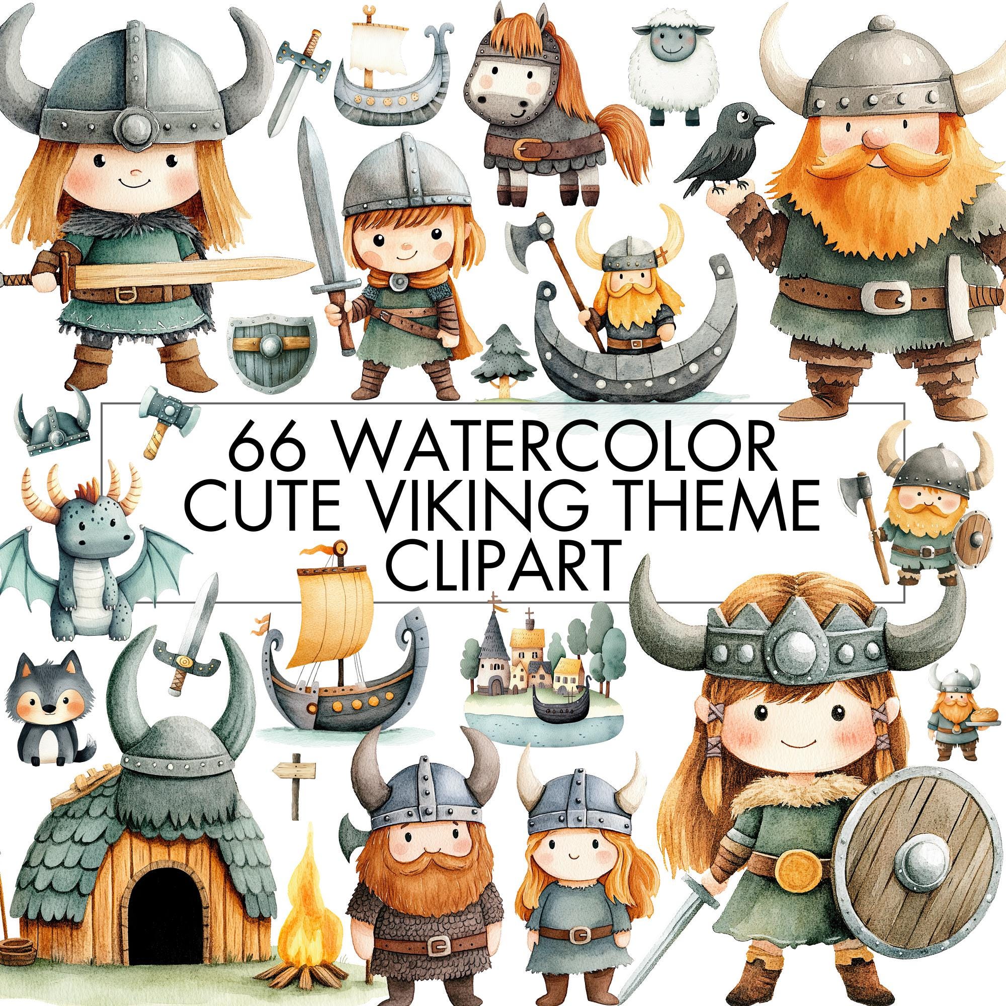 Watercolor Cute Vikings Clipart Bundle, Boy and Girl Viking Png ...