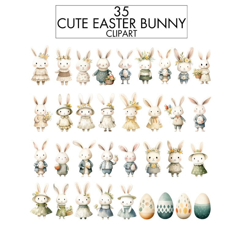 Cute Easter Bunny Clipart Bundle, Pastel Color Easter Bunny, Boho Style ...