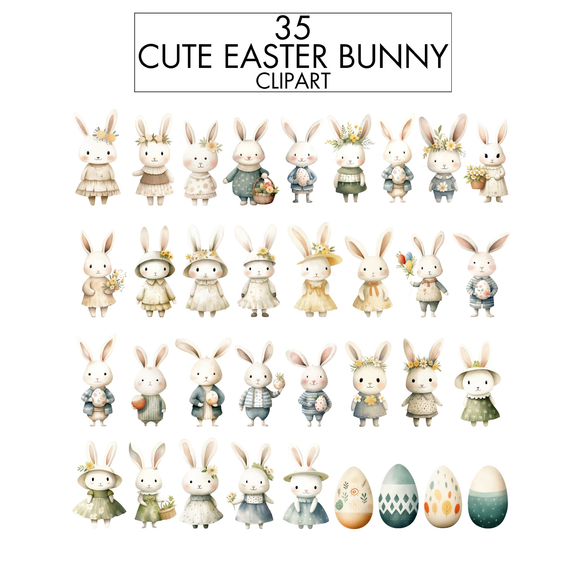 Cute Easter Bunny Clipart Bundle, Pastel Color Easter Bunny, Boho Style ...