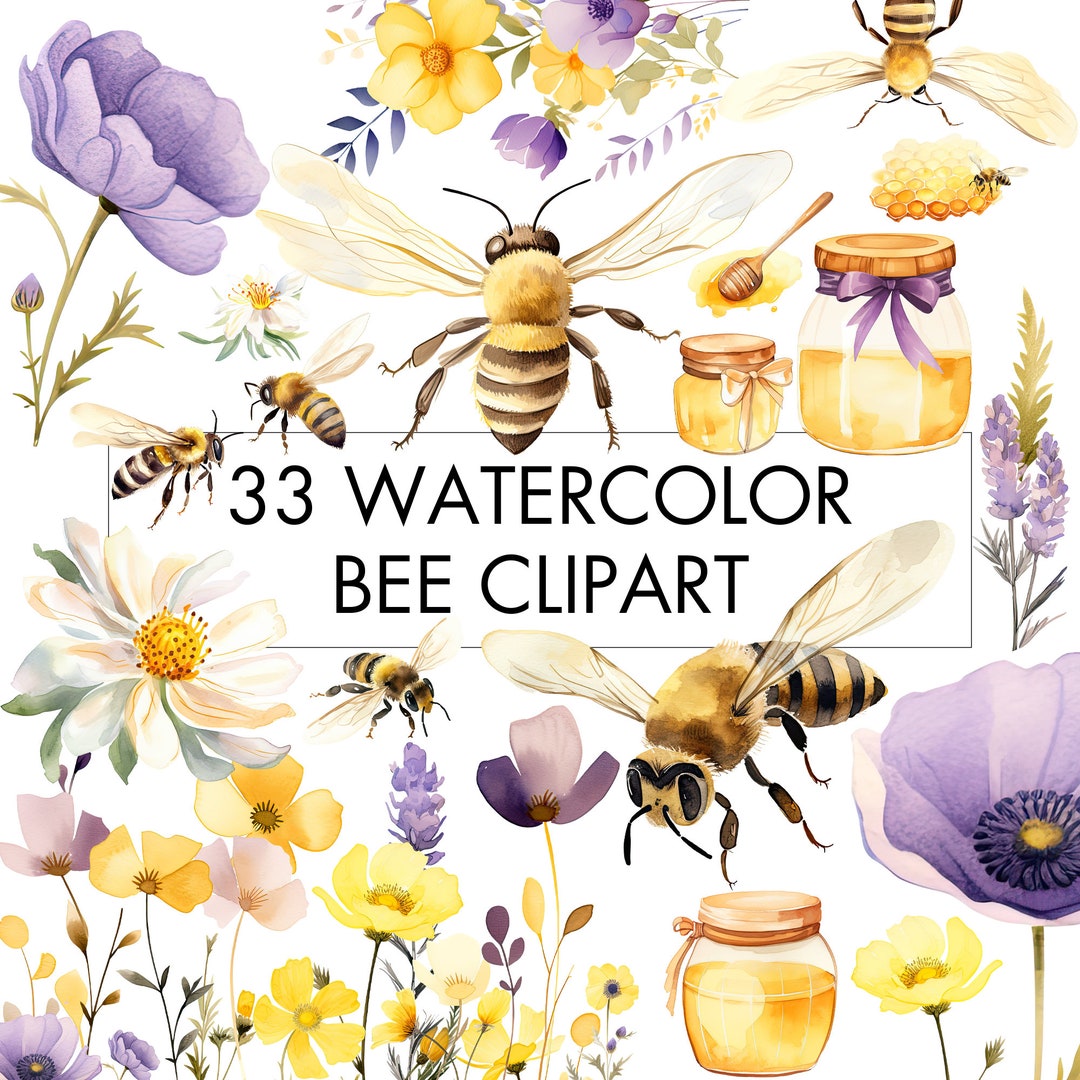 Watercolor Bee Clipart Bundle, Bee Themed Clipart, Floral Clipart ...