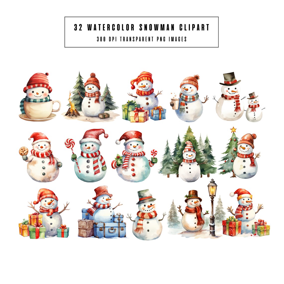 Watercolor Snowman Clipart Bundle, Christmas Holiday Clipart ...