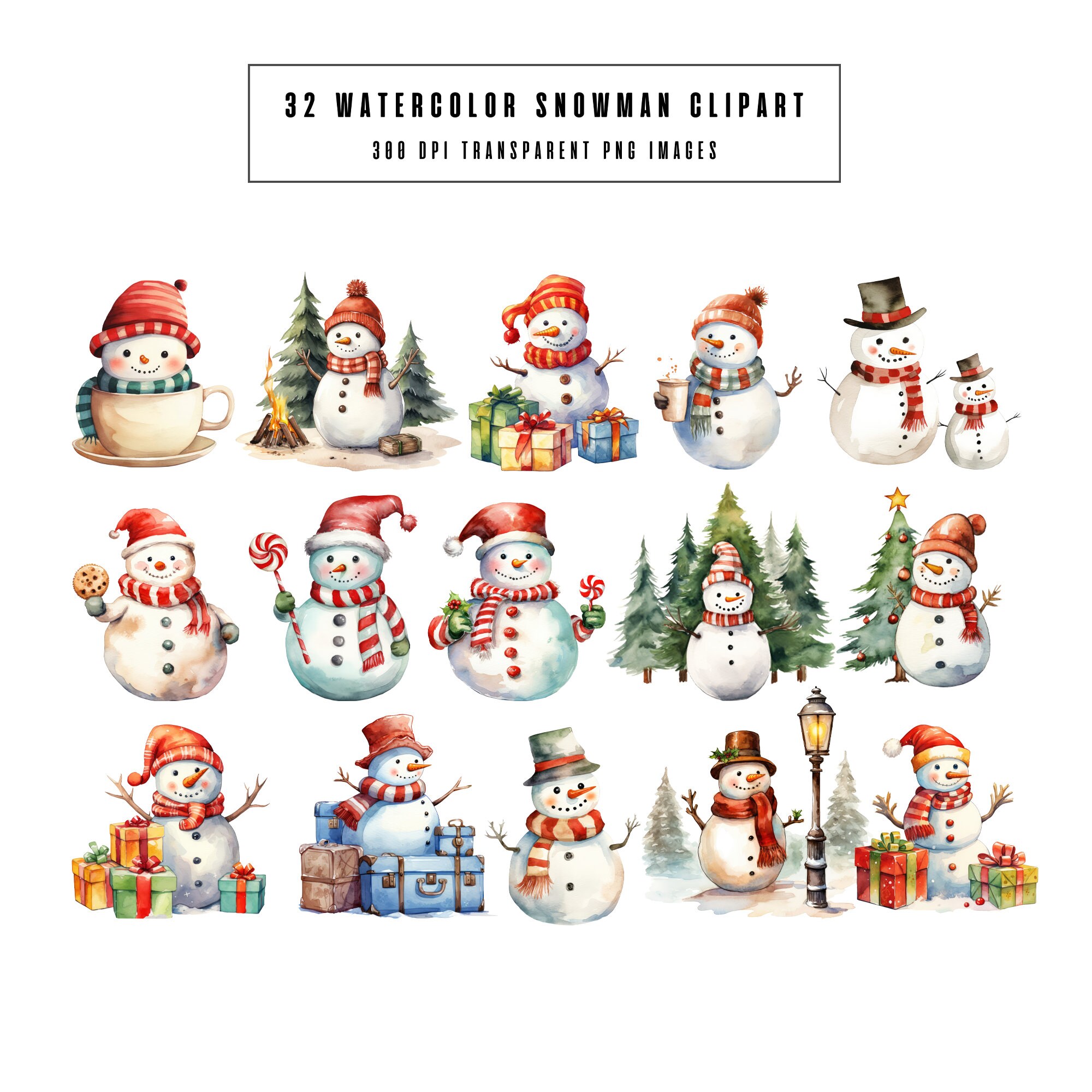 Watercolor Snowman Clipart Bundle, Christmas Holiday Clipart ...
