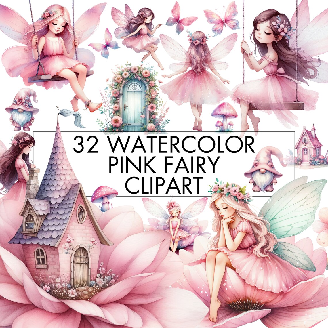 Pink Fairy Clipart, Watercolor Fairy Garden Clipart, Fairy House Clip ...
