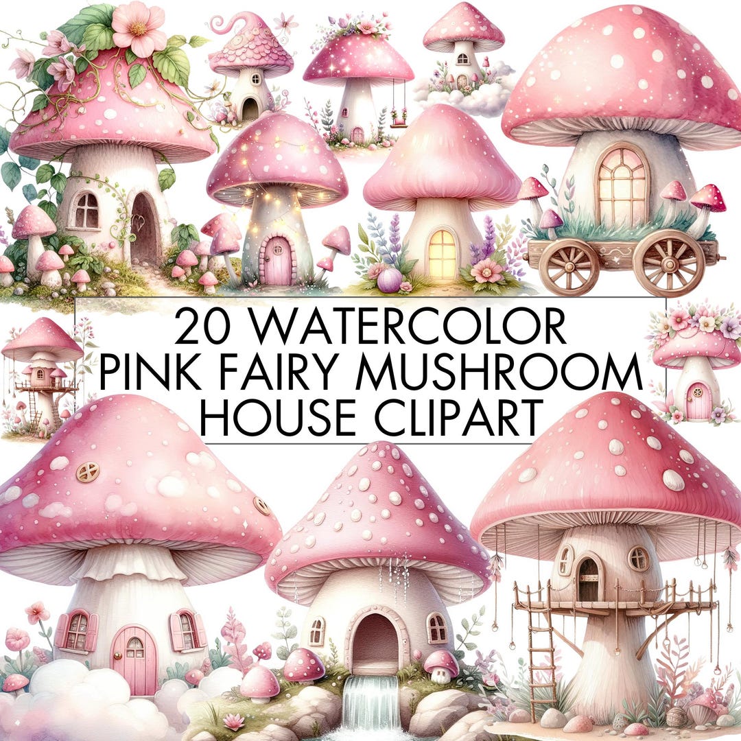 Watercolor Pink Fairy Mushroom House Clipart: PNG Bundle (digital ...