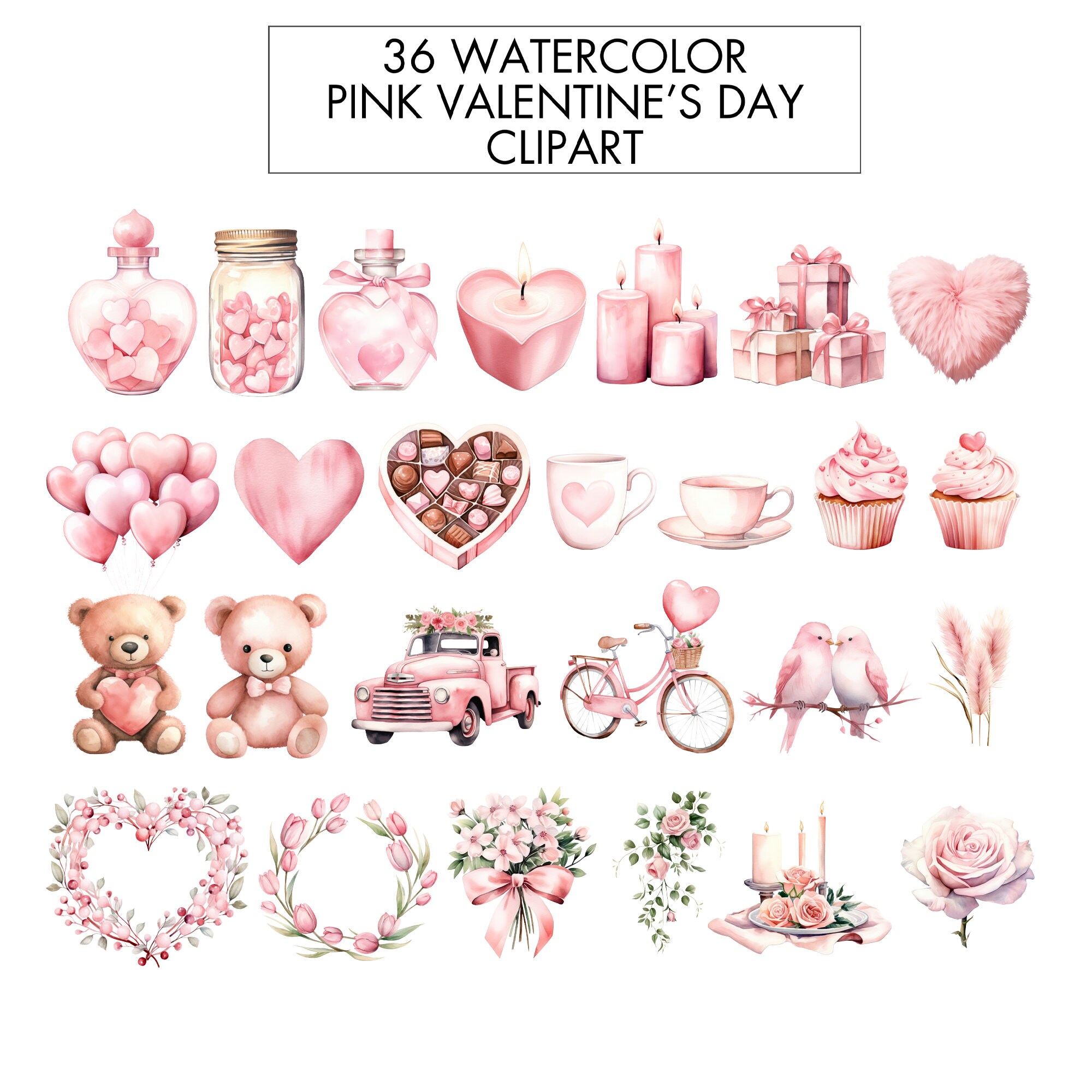 Watercolor Pink Valentines Day Clipart, 36 Watercolor Pink Valentine ...