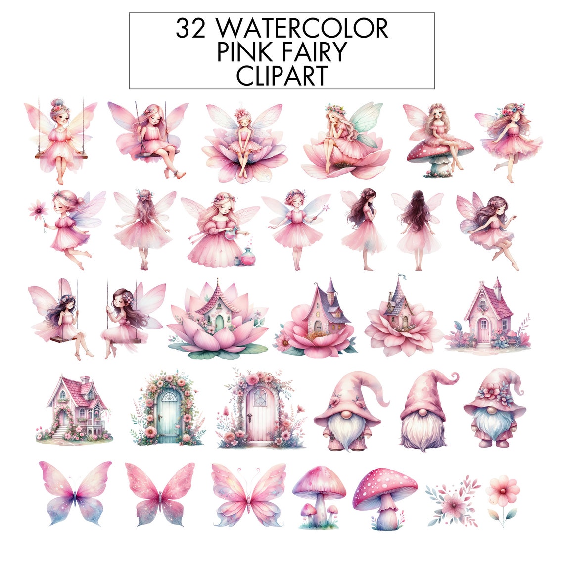 Pink Fairy Clipart, Watercolor Fairy Garden Clipart, Fairy House Clip ...