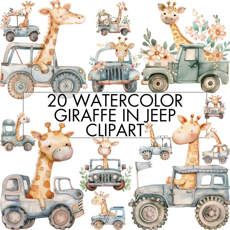 Watercolor Giraffe in Jeep Clipart Bundle, Giraffe in Safari Truck Png ...