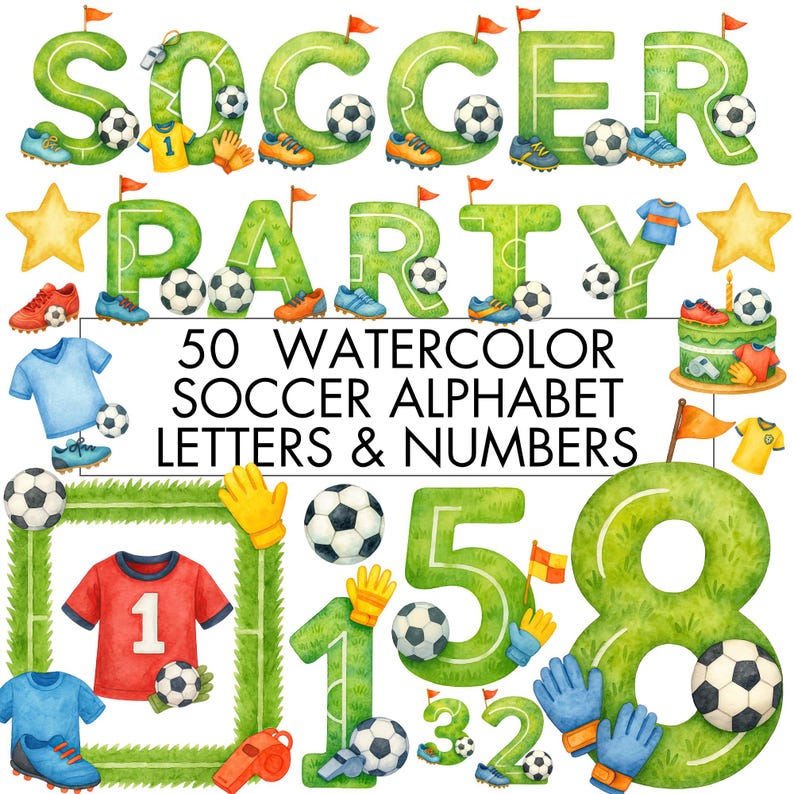 Watercolor Soccer Alphabet Clipart: PNG Letters & Numbers (digital ...