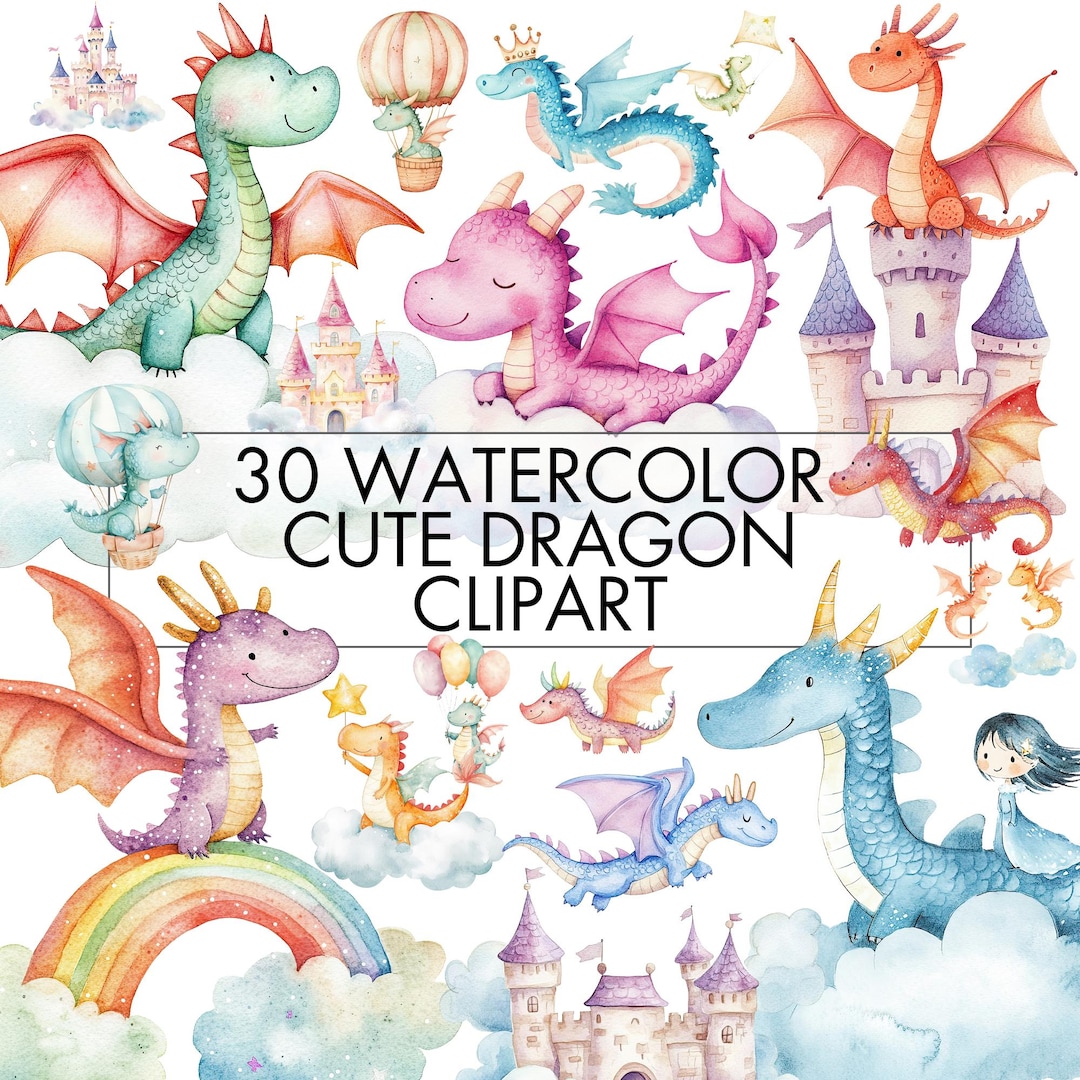 Watercolor Cute and Colorful Dragon Clipart Bundle, Dragon Png, Dragon ...