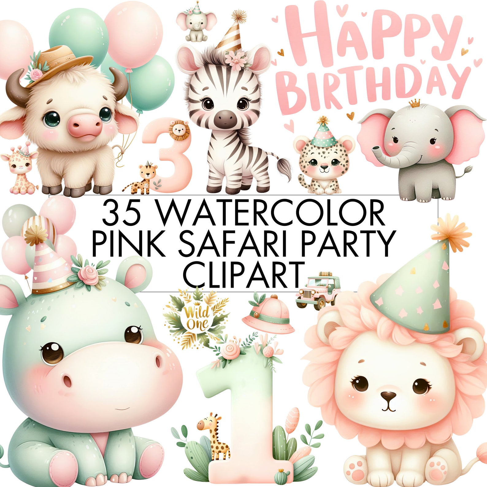 Pink Safari Clipart PNG, Girl Safari Party, Cute Safari Animals, Pink ...