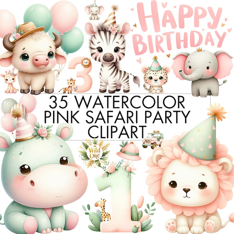 Pink Safari Clipart PNG, Girl Safari Party, Cute Safari Animals, Pink ...