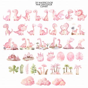 Pink Dinosaur Clipart, Watercolor Dino Clipart PNG Bundle, T-rex PNG ...