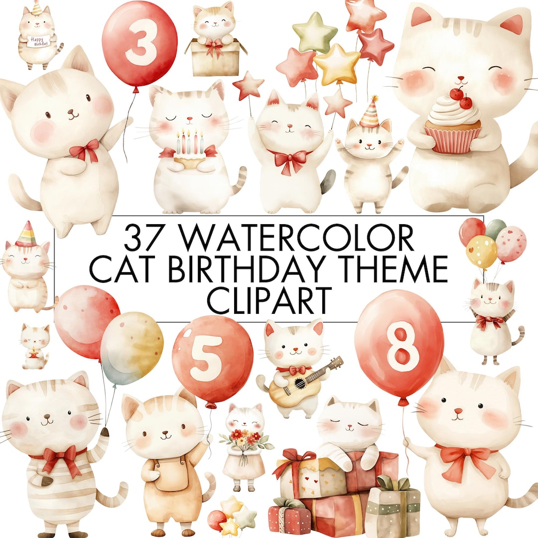 Watercolor Cat Birthday Clipart: PNG Bundle (digital Download) - Etsy