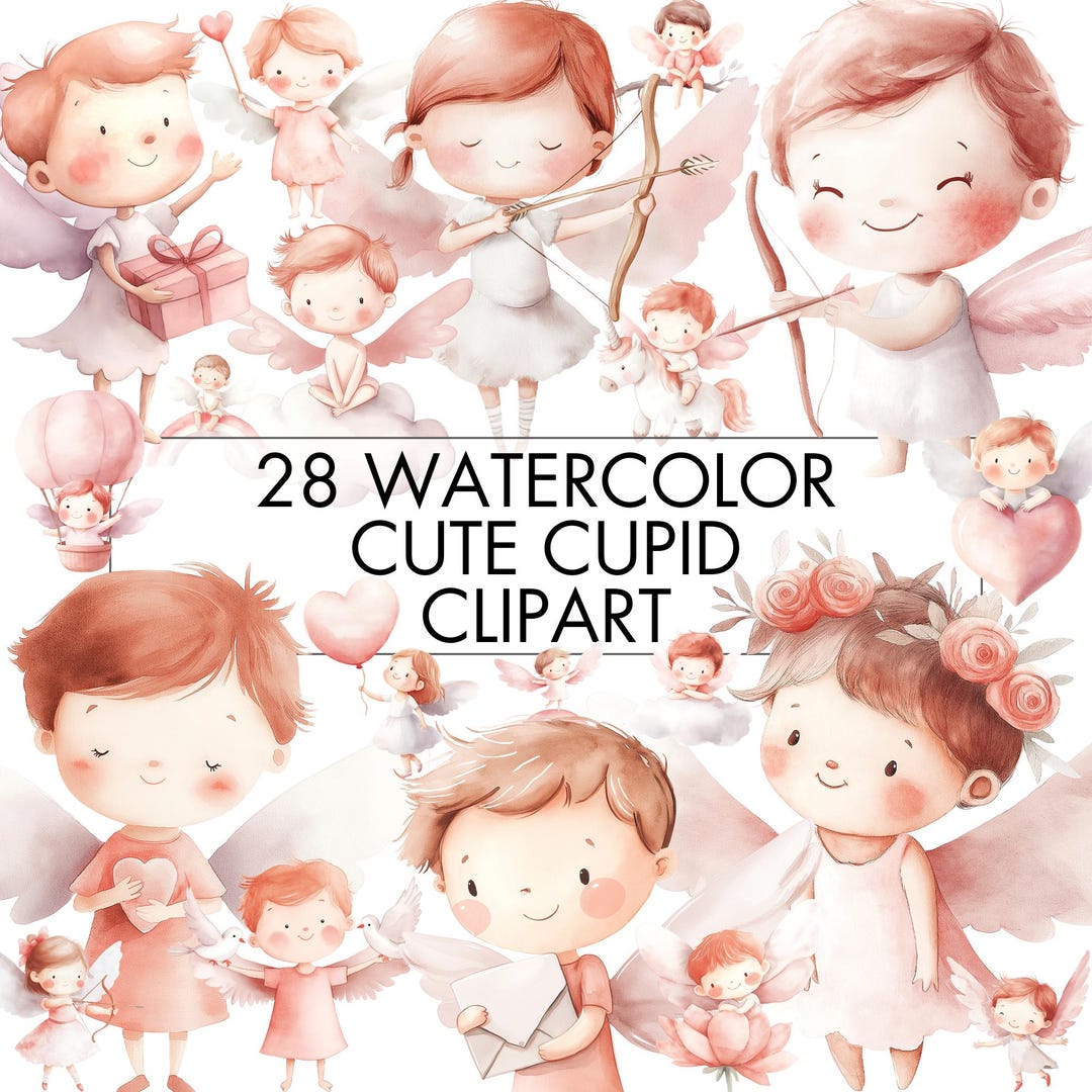 Watercolor Cute Cupid Clipart Bundle, Valentine Clipart Png, Pink ...